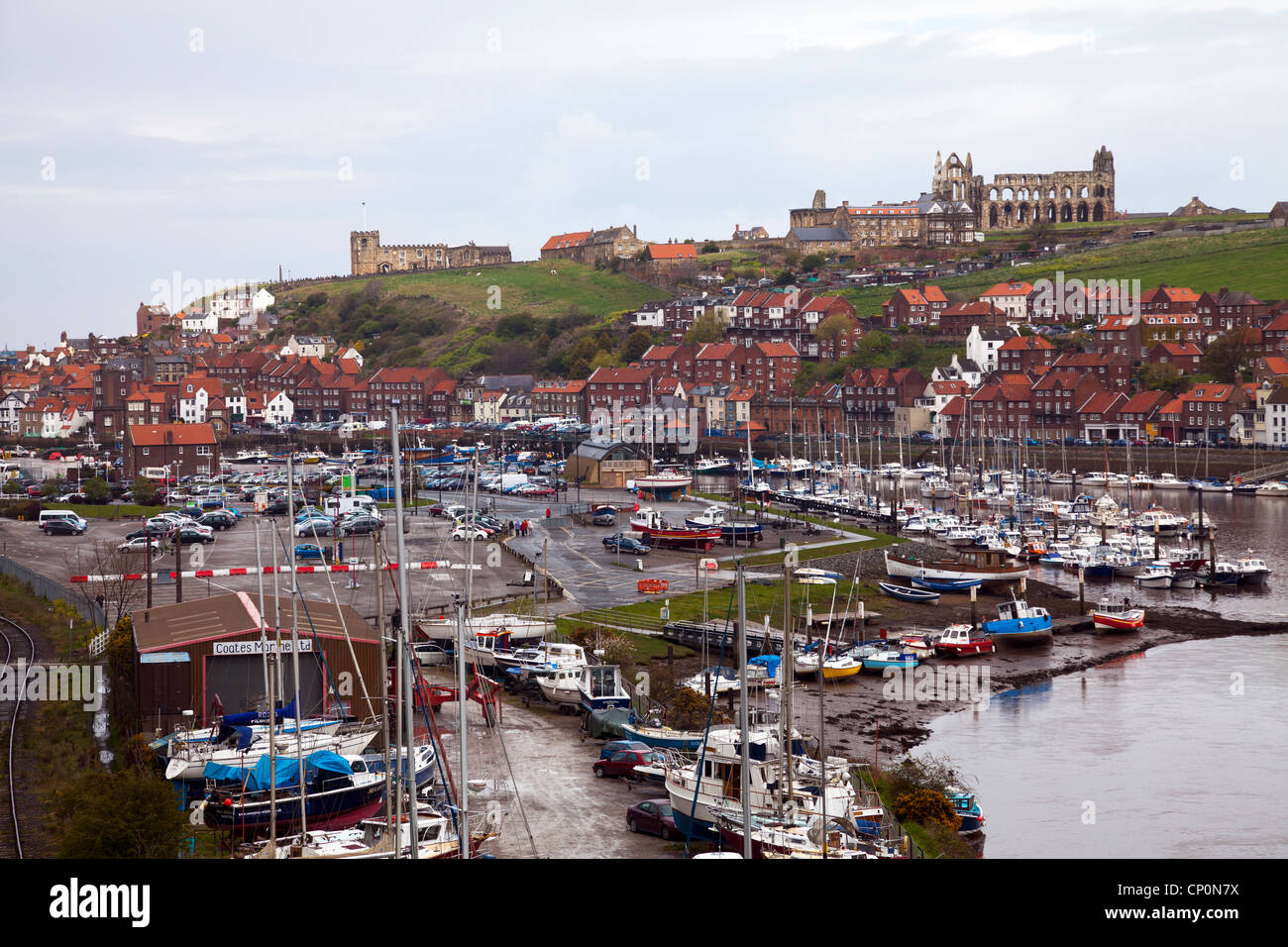 Overview of Whitby marina, harbor, harbour, with the Abbey high above ...