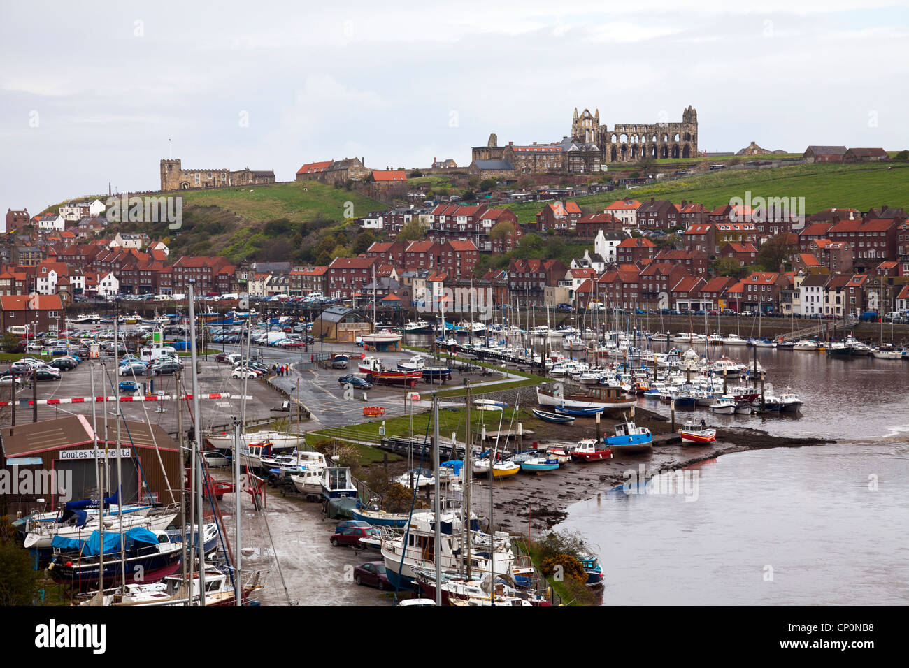 Overview of Whitby marina, harbor, harbour, with the Abbey high above ...