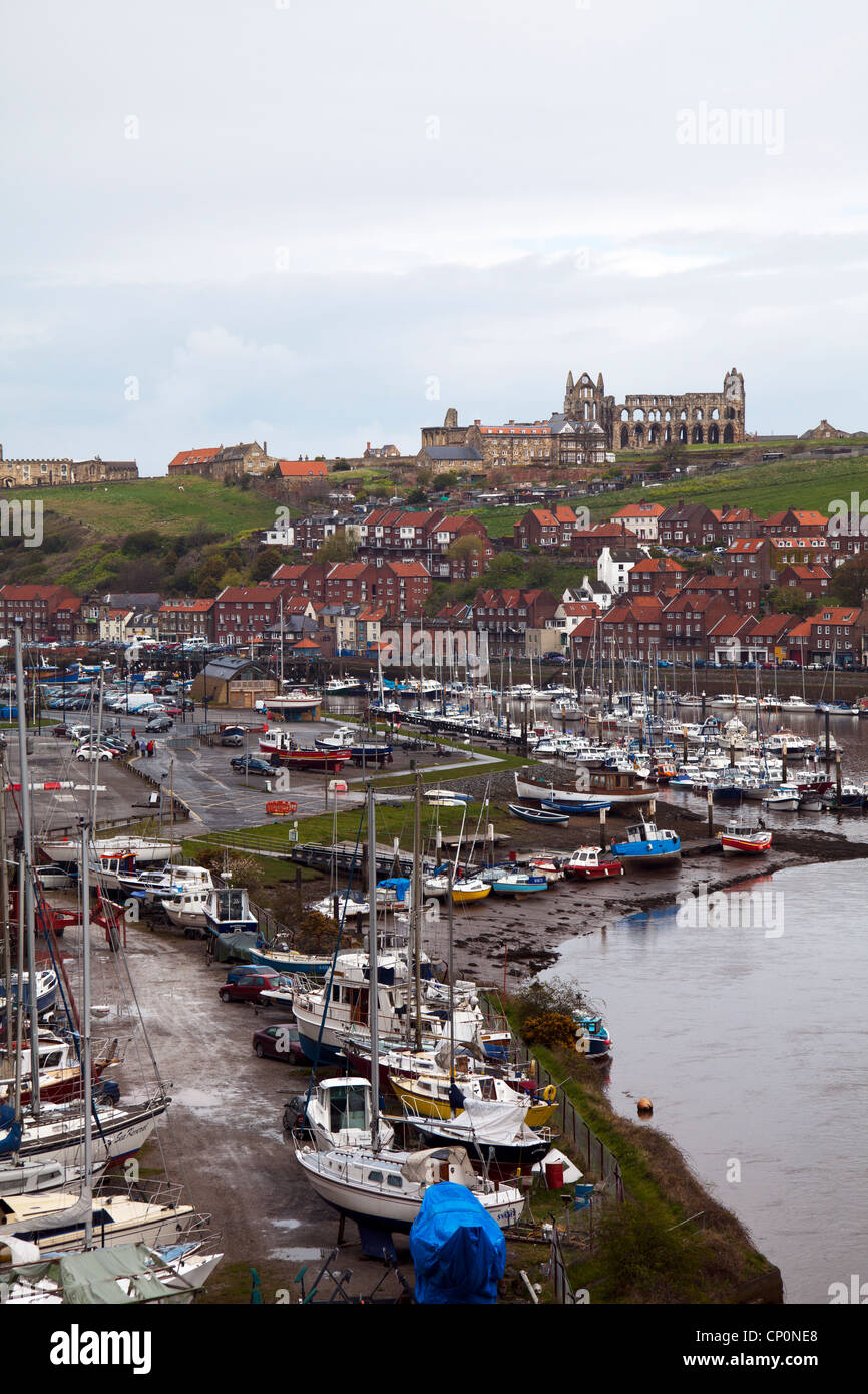 Overview of Whitby marina, harbor, harbour, with the Abbey high above ...