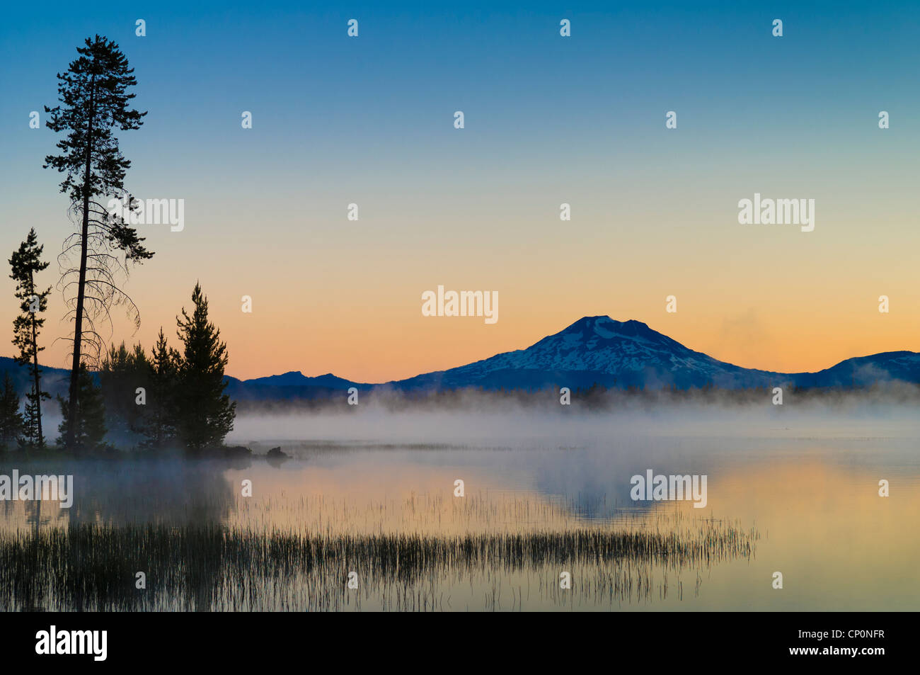 Crane Prairie Reservoir and Mount Bachelor at dawn, Deschutes National ...