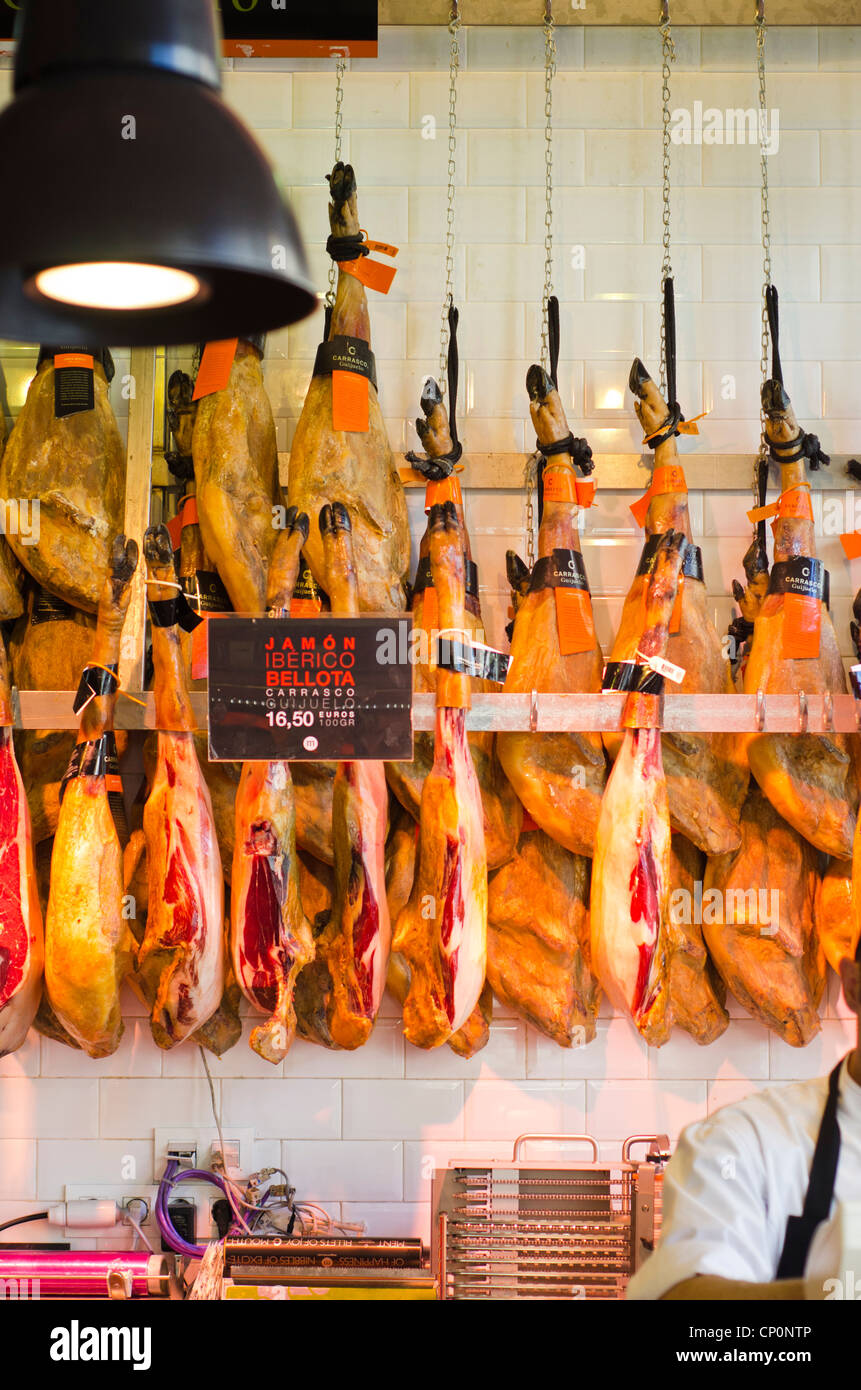 Ham at San Miguel Market. A central gastronomy point in Madrid, Spain ...