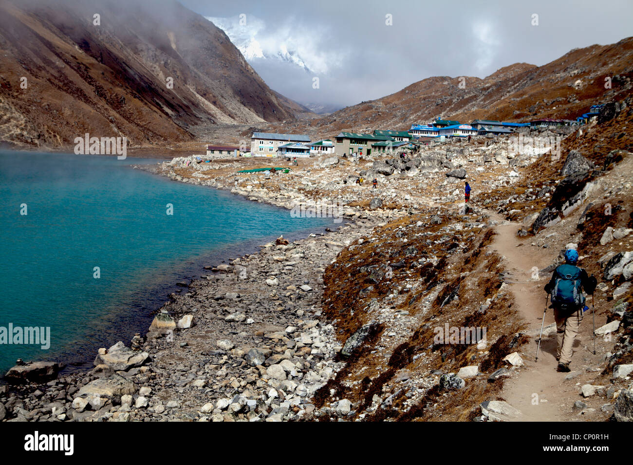 Trekker approaching the village of Gokyo on the trail to Gokyo Ri in ...