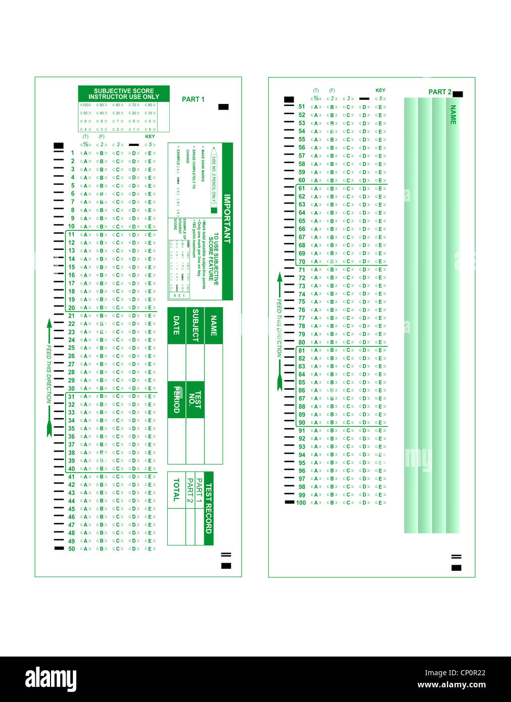 A blank test score sheet isolated on white. Image offers both the front ...