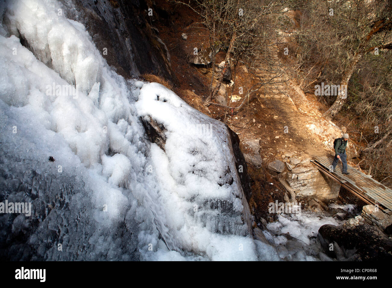 Trekker passing a frozen waterfall on the trail to Gokyo Ri in the ...