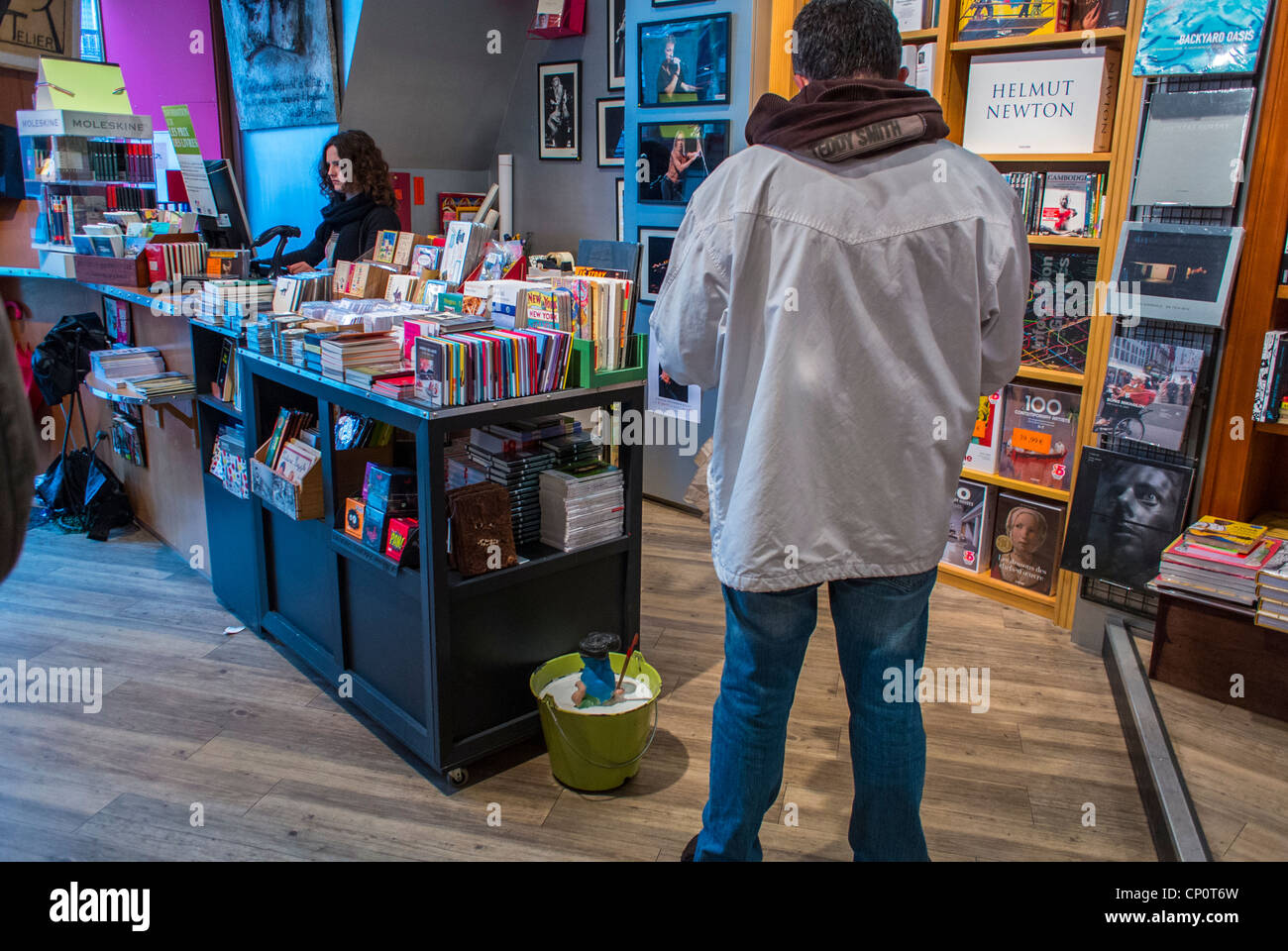 Paris, France, man Shopping in French Local Bookstore in Pigalle, "L ...