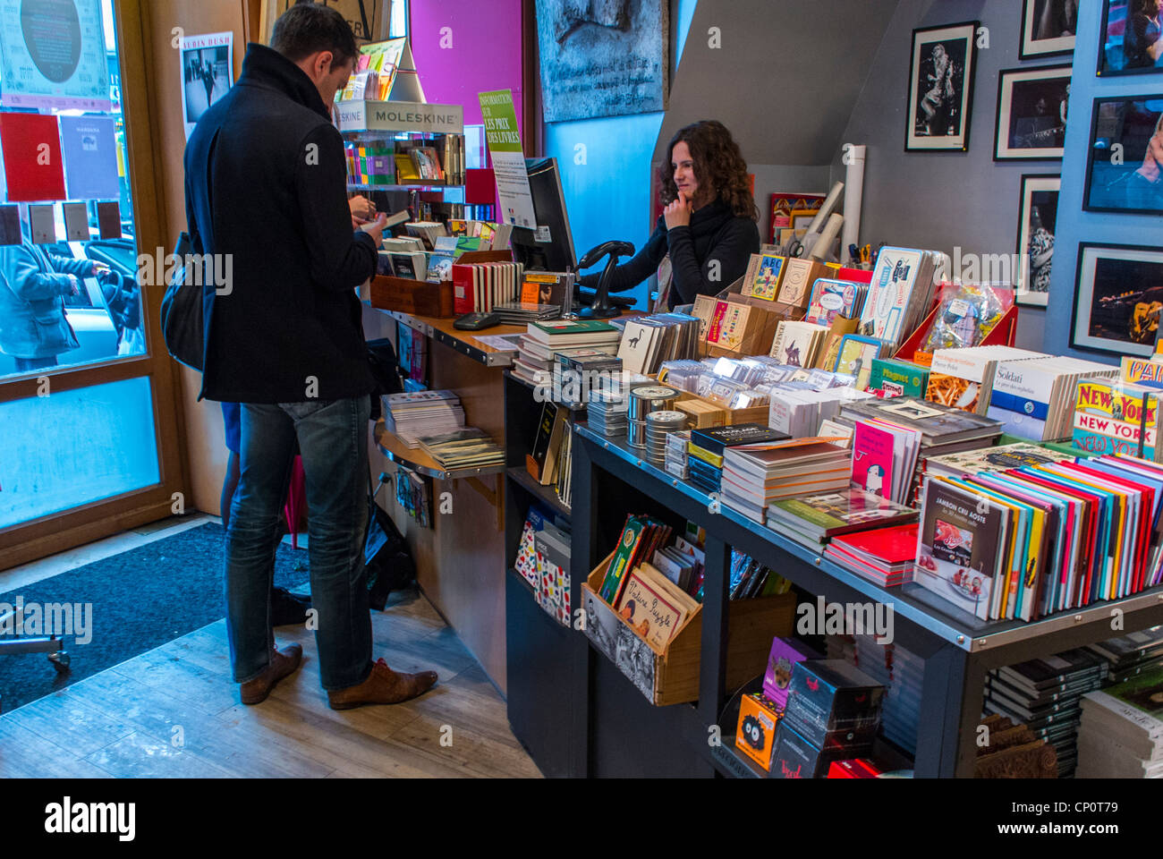 Paris, France, Man Buying Book inside French Local Bookstore in Pigalle ...
