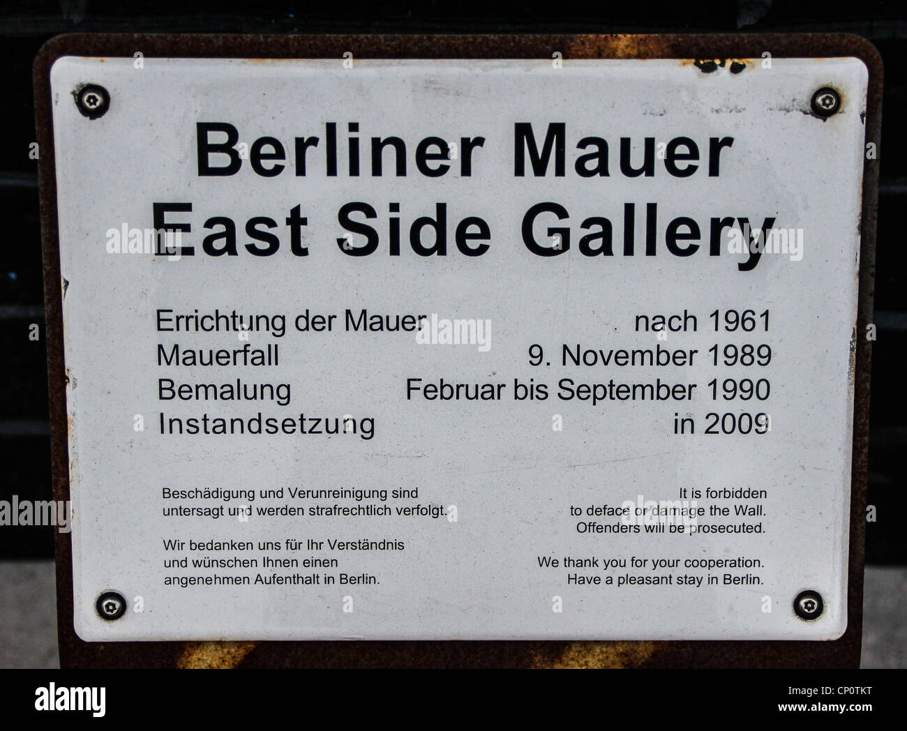 Plaque of the East Side gallery at the Berlin Wall in Germany Stock ...