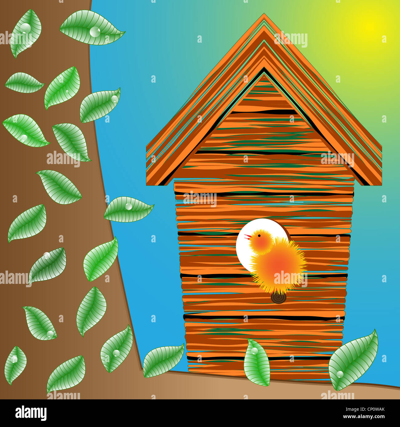 birds house on a tree, leaves and water drops; abstract vector art ...