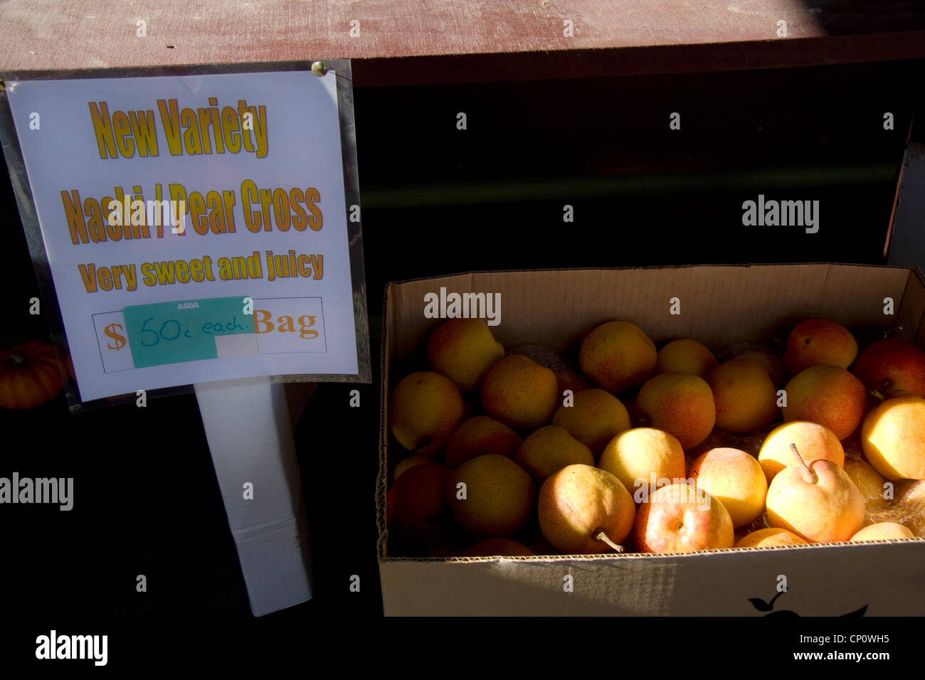 A sign indicates Nashi pear for sale in Nelson Stock Photo - Alamy