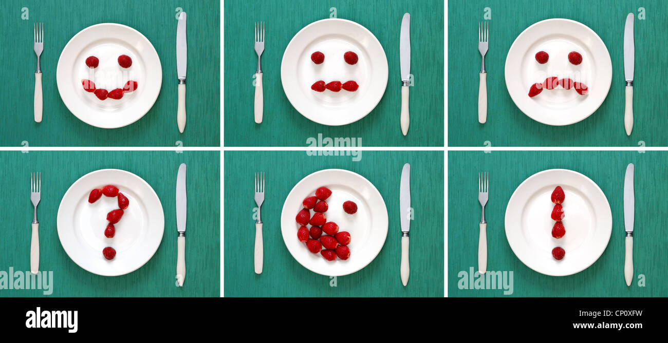 Food concepts - faces and symbols made of strawberries on plate Stock ...