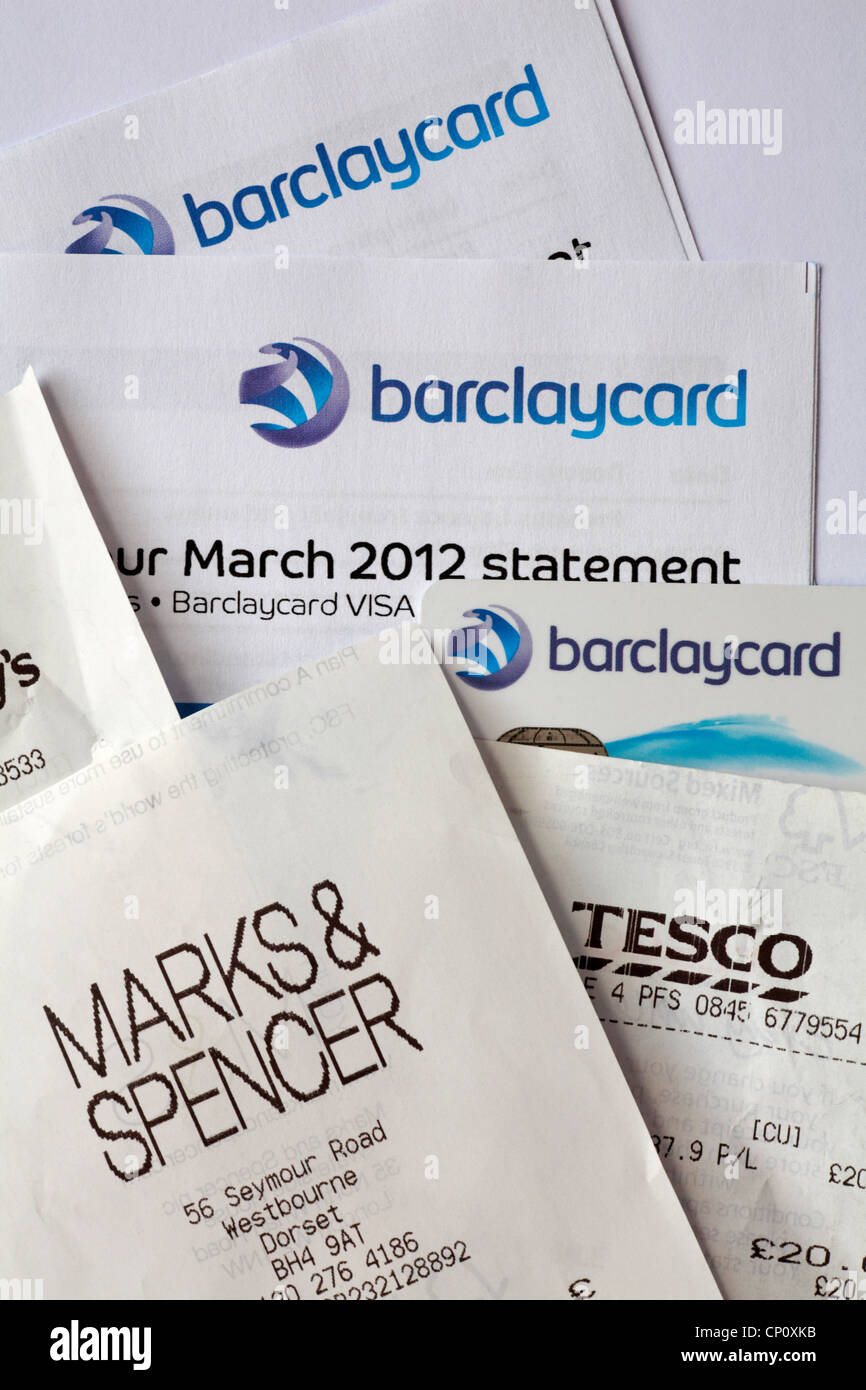 Barclaycard statements, Barclaycard Visa card and receipts set against ...