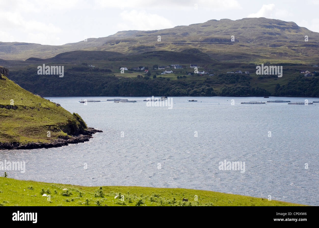 Fish farms in Loch Harport from Bracadale Isle of Skye Scotland Stock ...