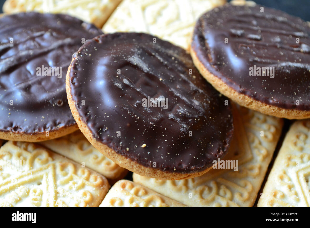 Chocolate Jaffa Cakes on top of Custard cream biscuits Stock Photo - Alamy