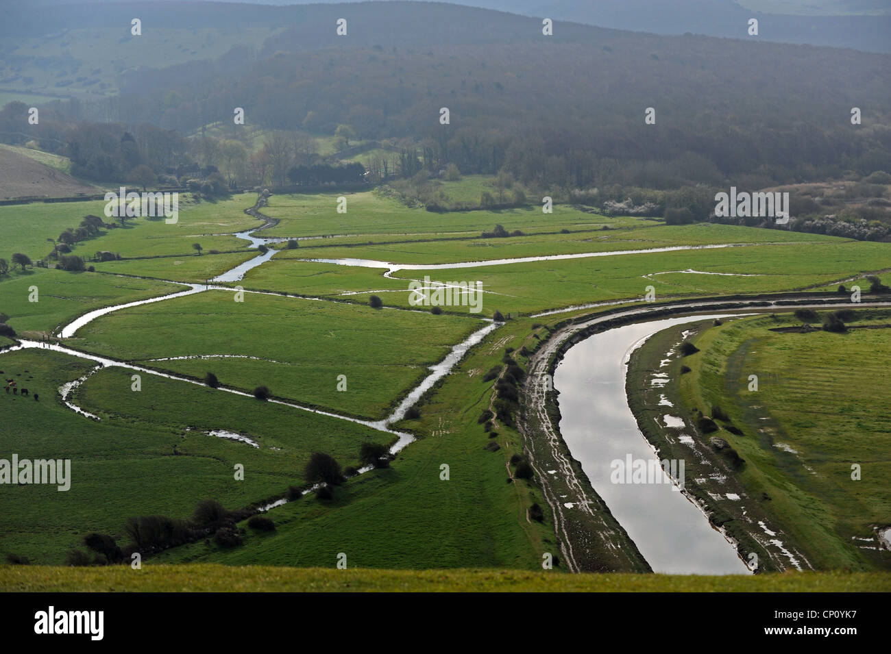 The River Cuckmere and surrounding valley in East Sussex UK Stock Photo ...