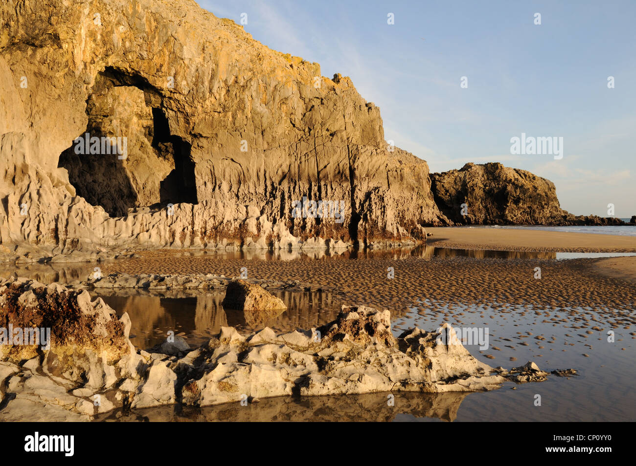 Lydstep Caverns late evening light Pembrokeshire Wales Cymru UK GB ...