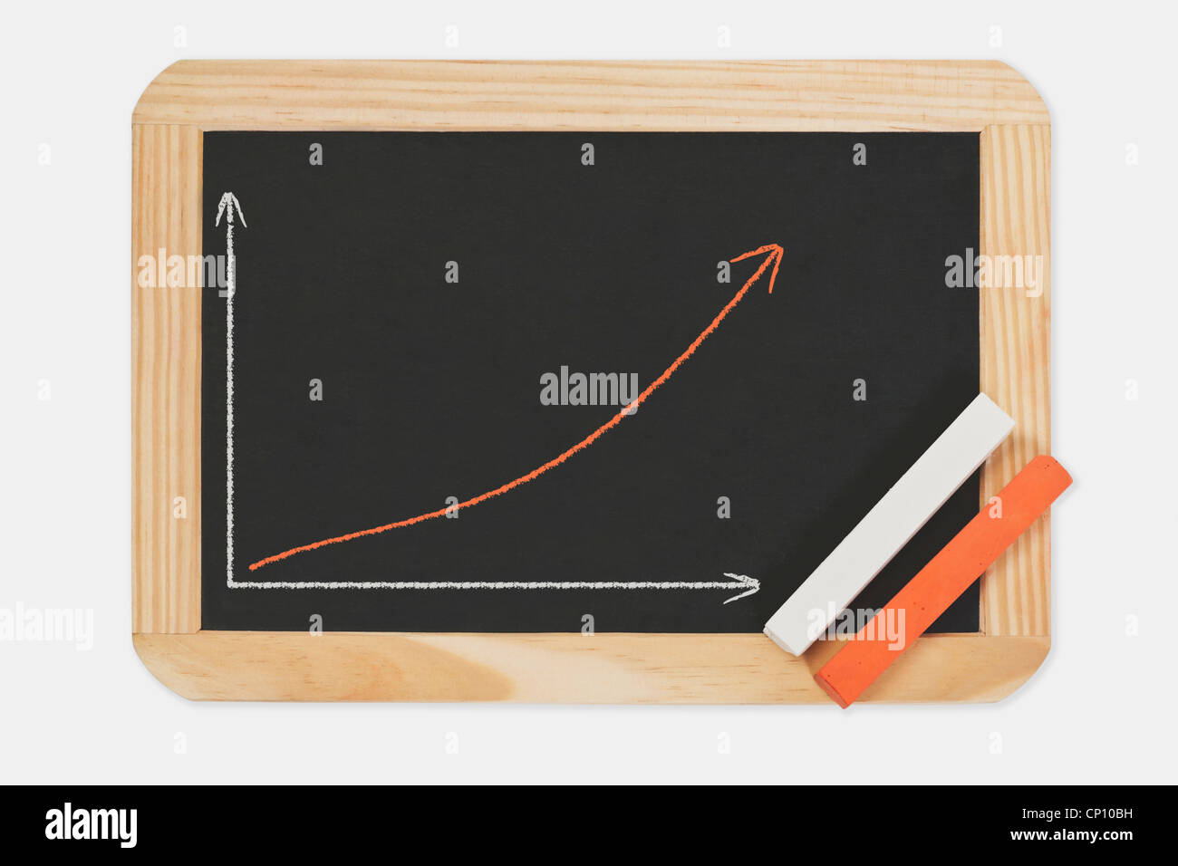 Detail photo of a chalkboard, a chart with an increasing curve on this ...