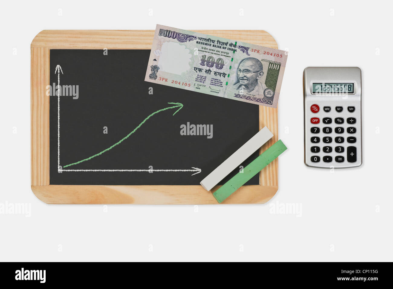 Chalkboard, a chart with an increasing curve. On the chalkboard lies a ...