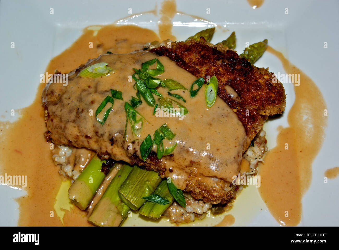 Deep fried fish fillet remoulade sauce asparagus spears diced green ...