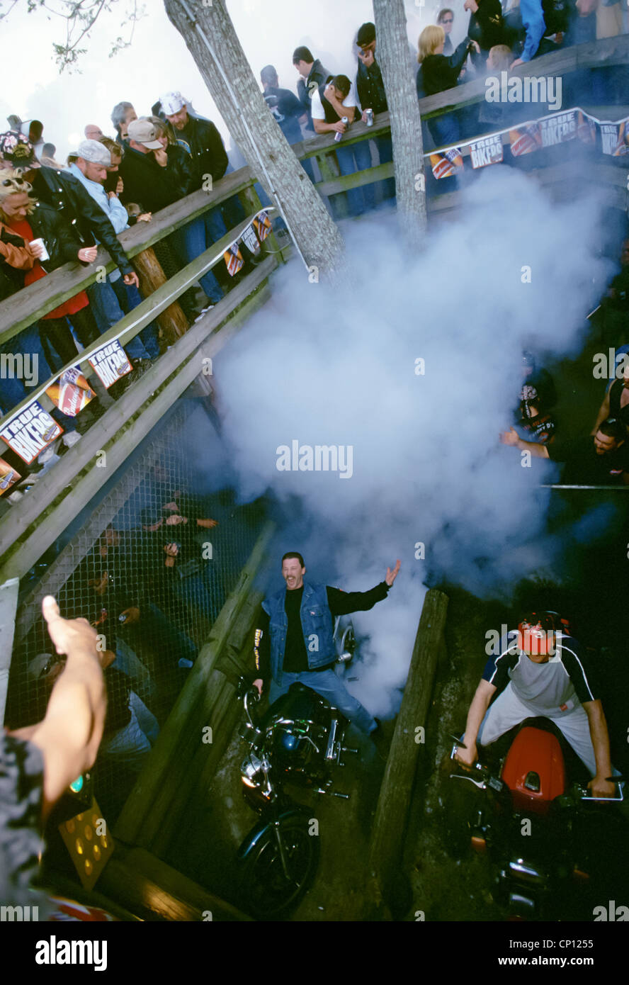Motorcycle doing a burnout at Daytona Bike week while crowd watches ...
