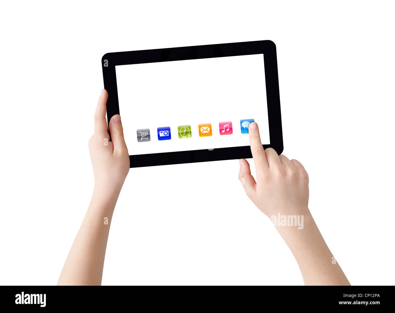 Two hands with Tablet PC, finger pointing abstract application ...