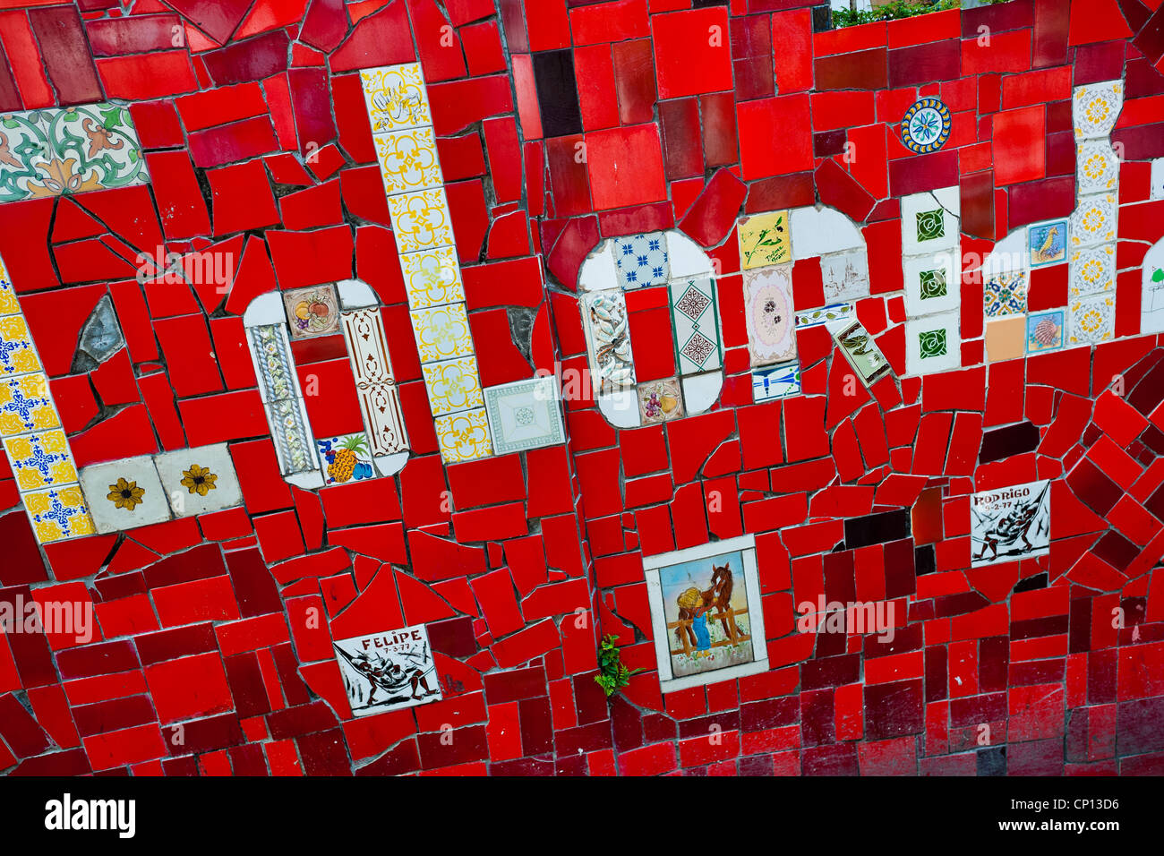 A tile writing ‘Colorida’ seen on Selaron's Stairs, a mosaic staircase ...