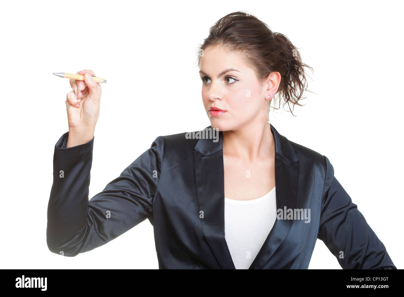 Business woman drawing something on screen with a pen - isolated over a ...