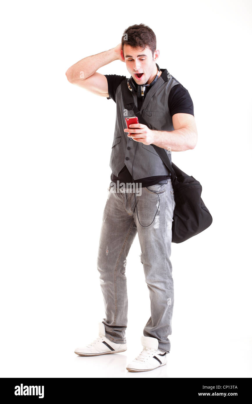 Full length portrait school boy phone isolated on white Stock Photo - Alamy