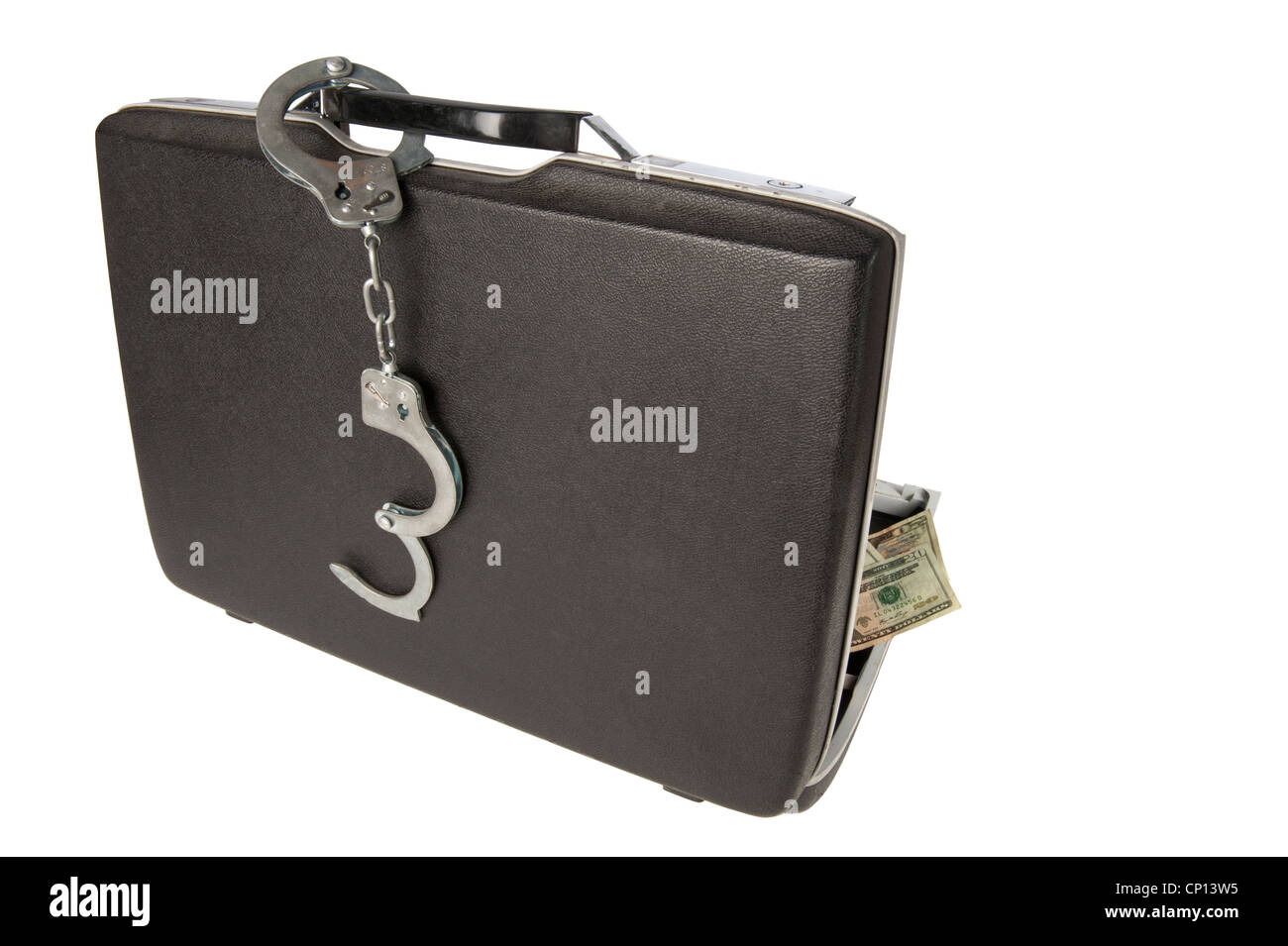Hard-shell briefcase with stack of $20 U.S. bills visisble, handcuffs ...