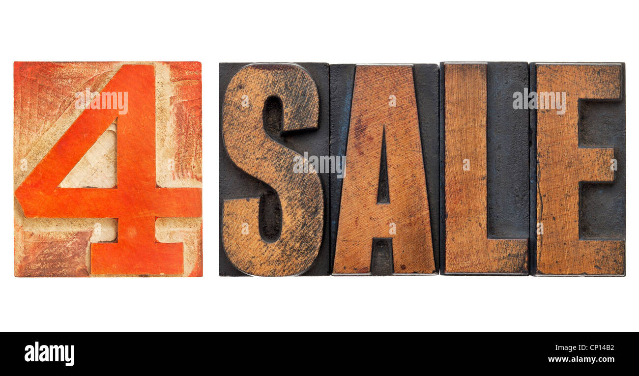 4 sale sign - isolated text in vintage letterpress wood type with red ...