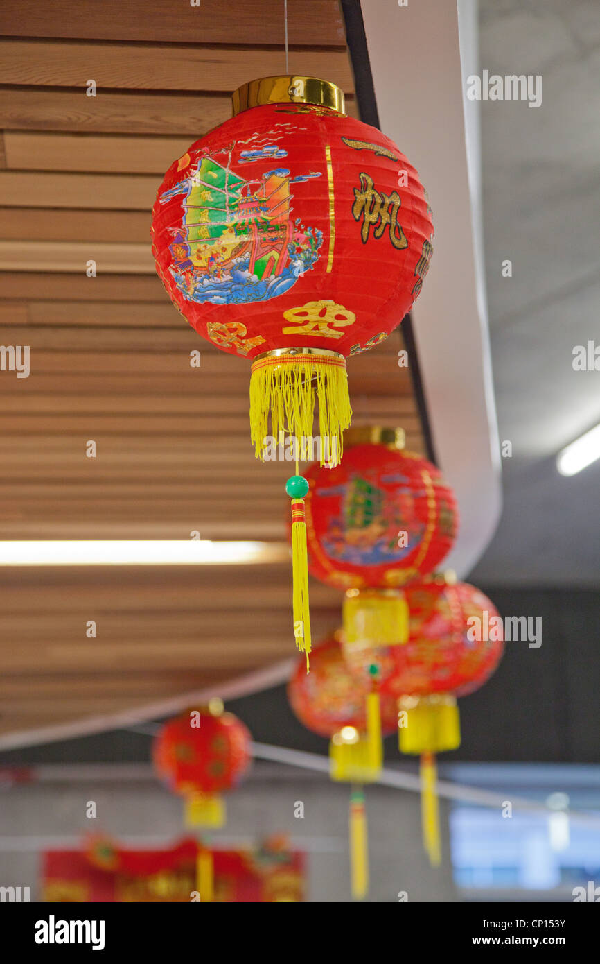 A row of hanging Chinese lanterns on display during a celebration of ...