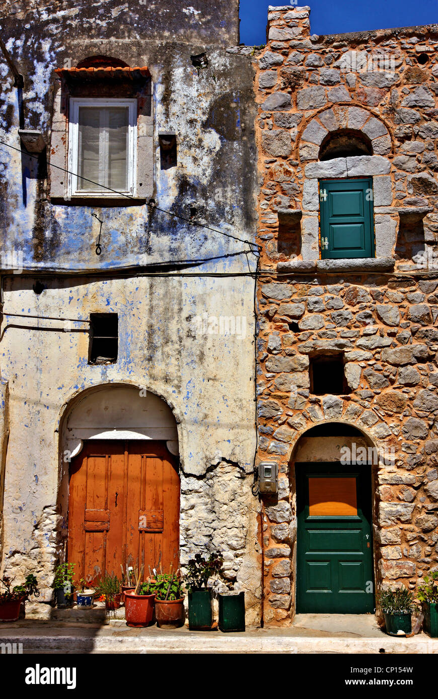 Beautiful facades in the medieval village of Vessa, one of the ...