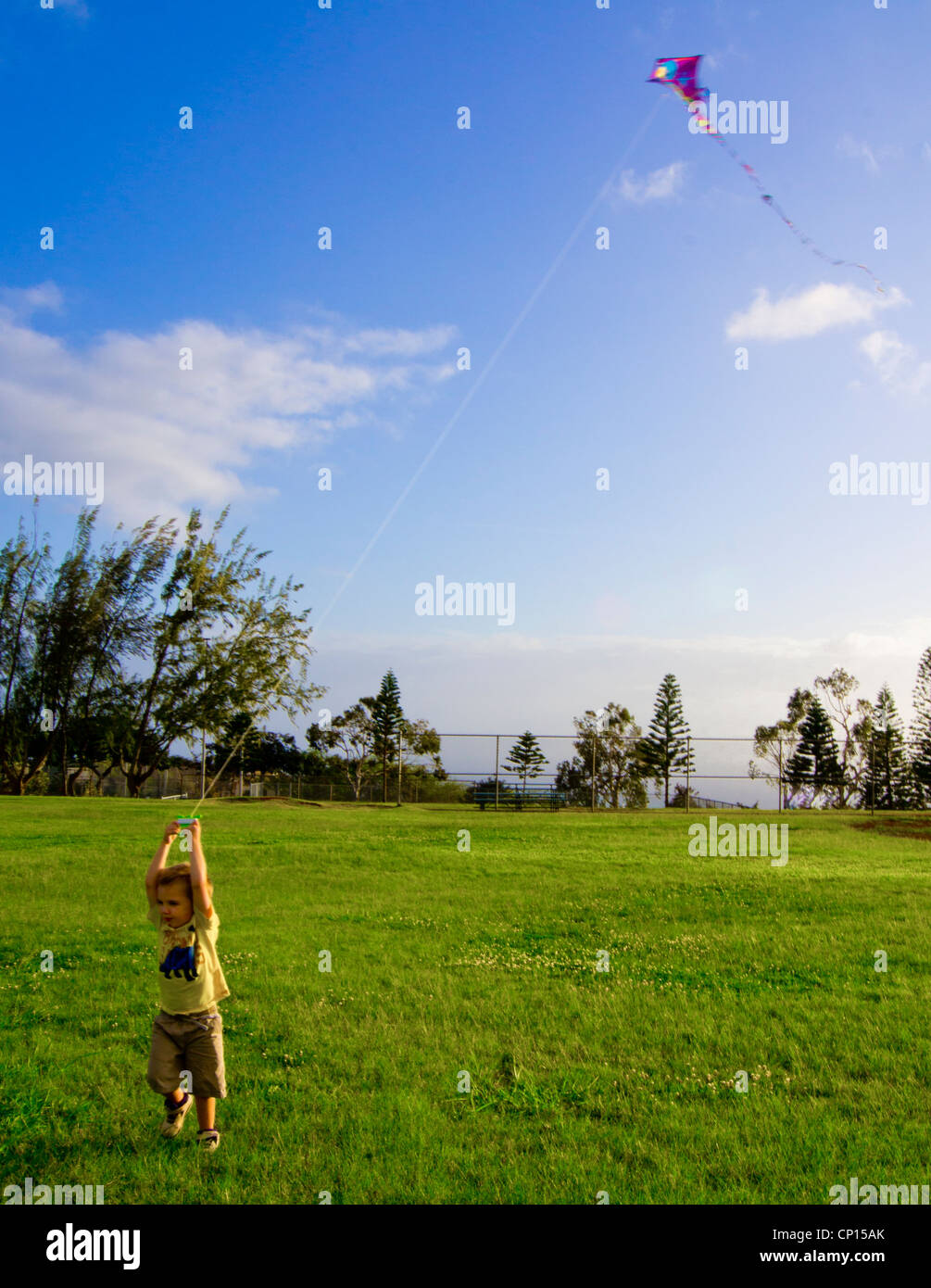 A 4 year old boy with autism holds on tight while running with his kite ...
