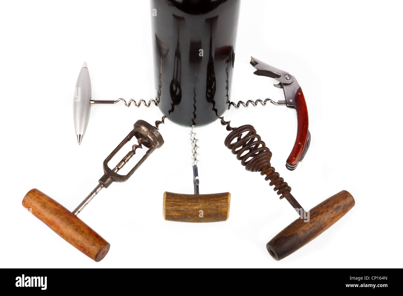 Some are different corkscrews around a wine bottle Stock Photo - Alamy
