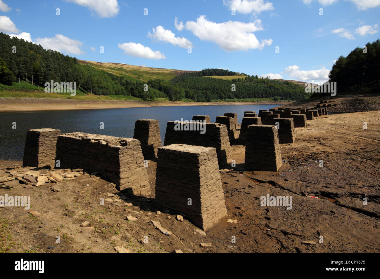 Low water levels and ruins of old workings visible in Derwent Stock ...