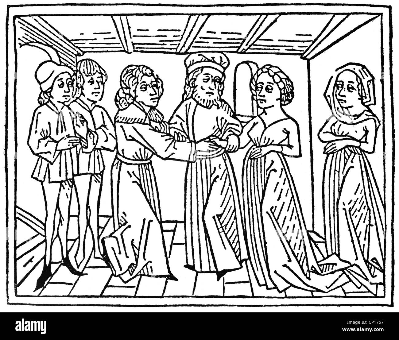 people, couples, engagement, woodcut by the Master of the Alexander of ...