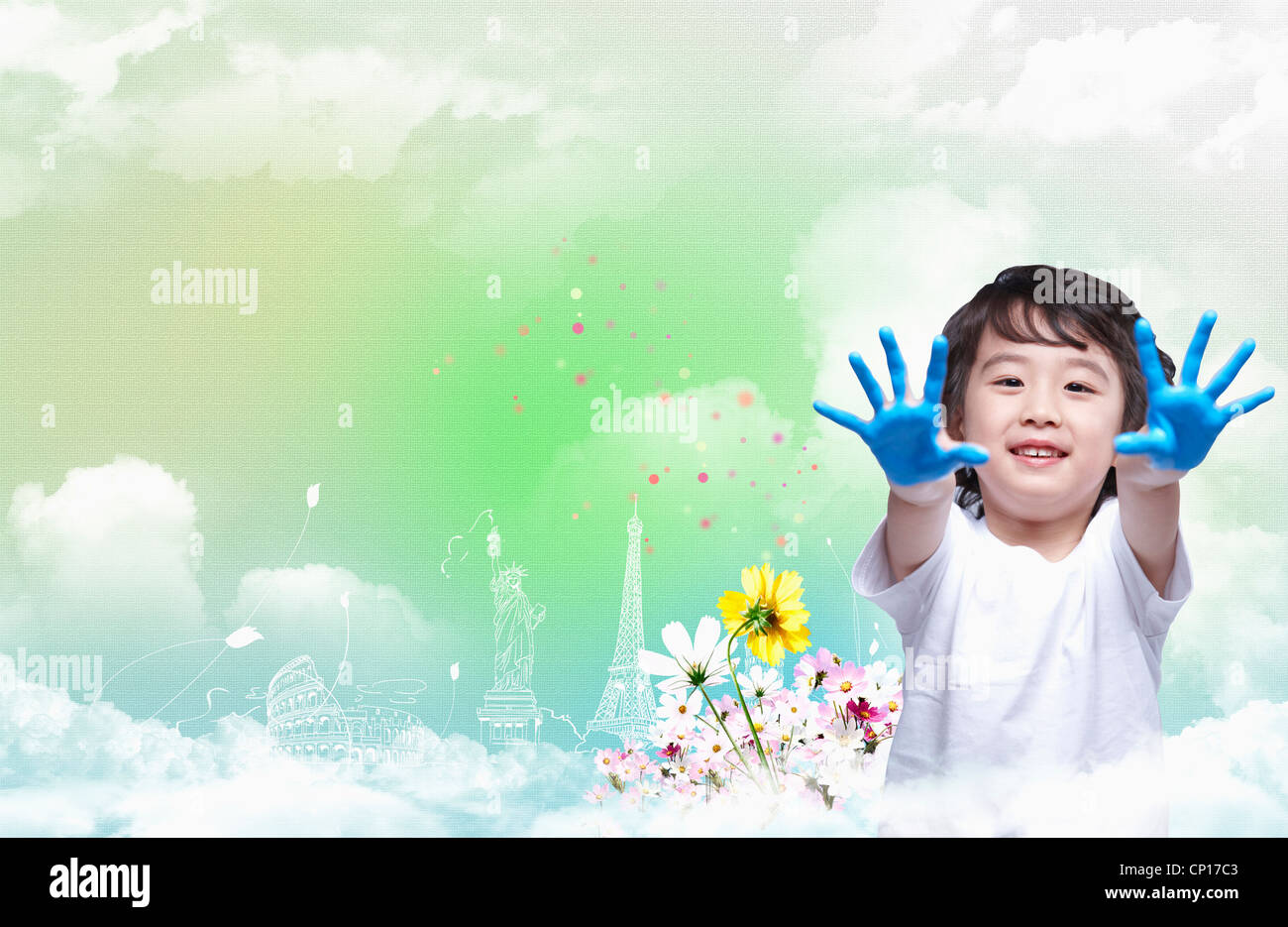 A boy with blue painted hands Stock Photo - Alamy