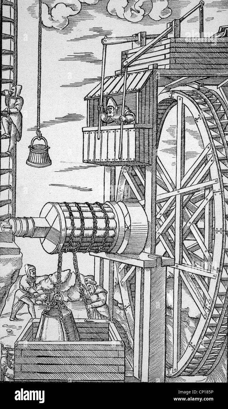 mining, mine, winder for the removal of mine water, woodcut from "De re ...