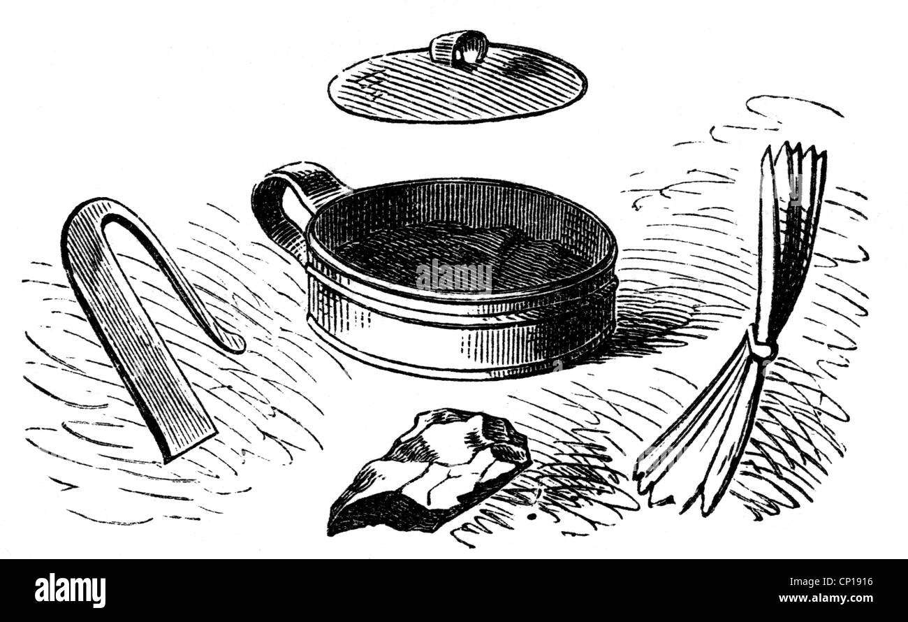 fire, making fire, fire stone, steel rod, tinder and small piece of ...