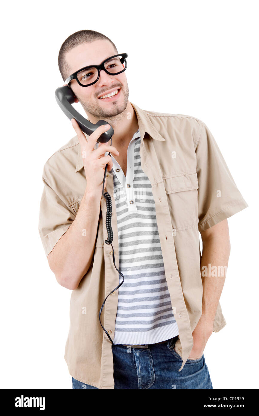 young man with a phone, isolated on white Stock Photo - Alamy