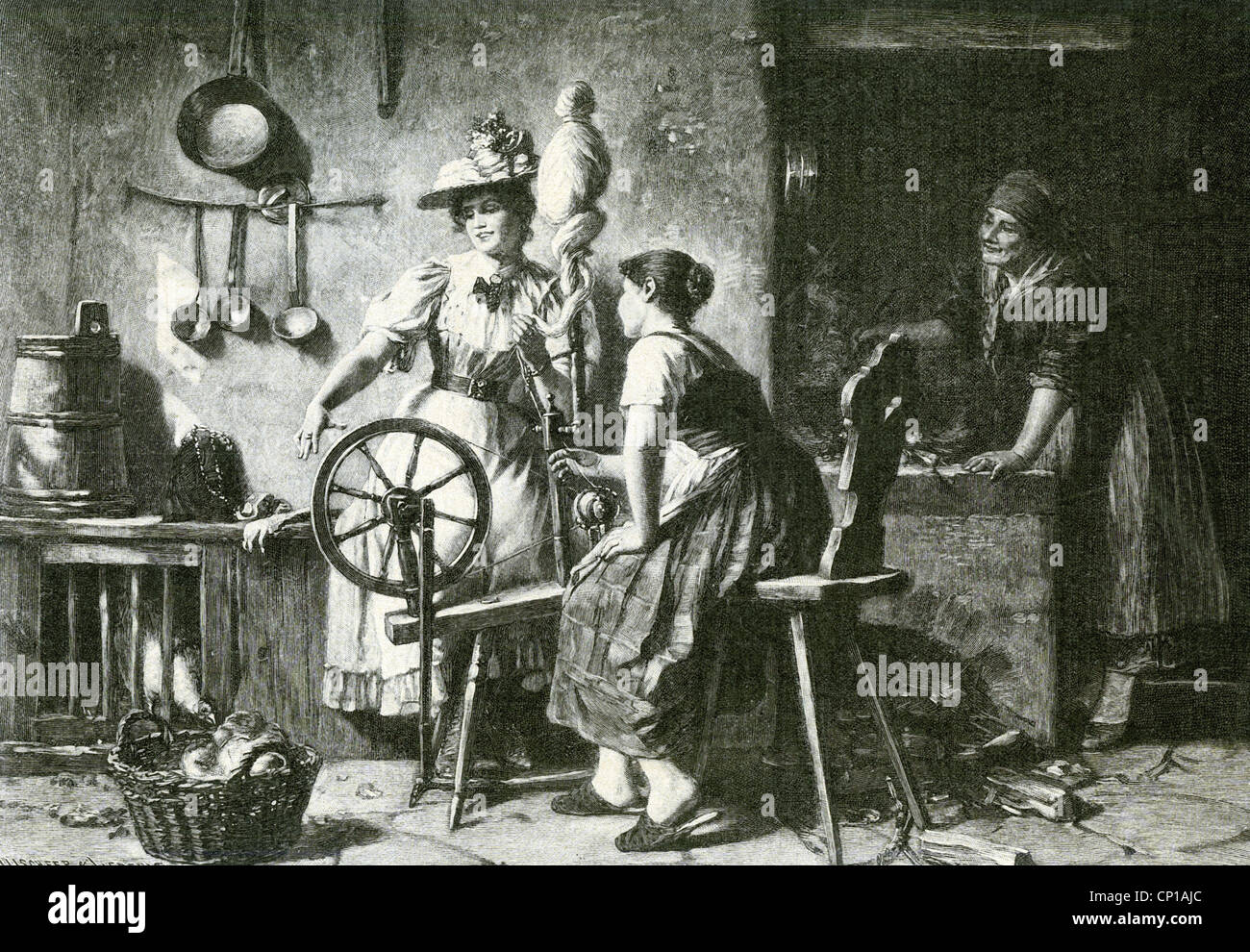 people, professions, women, spinstress, young woman with spinning wheel ...