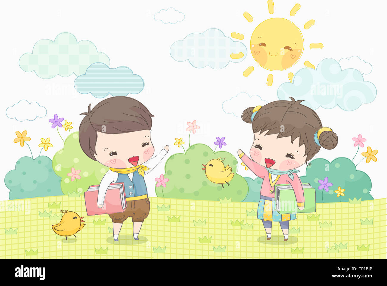 Boy and girl saying hello on green field Stock Photo - Alamy