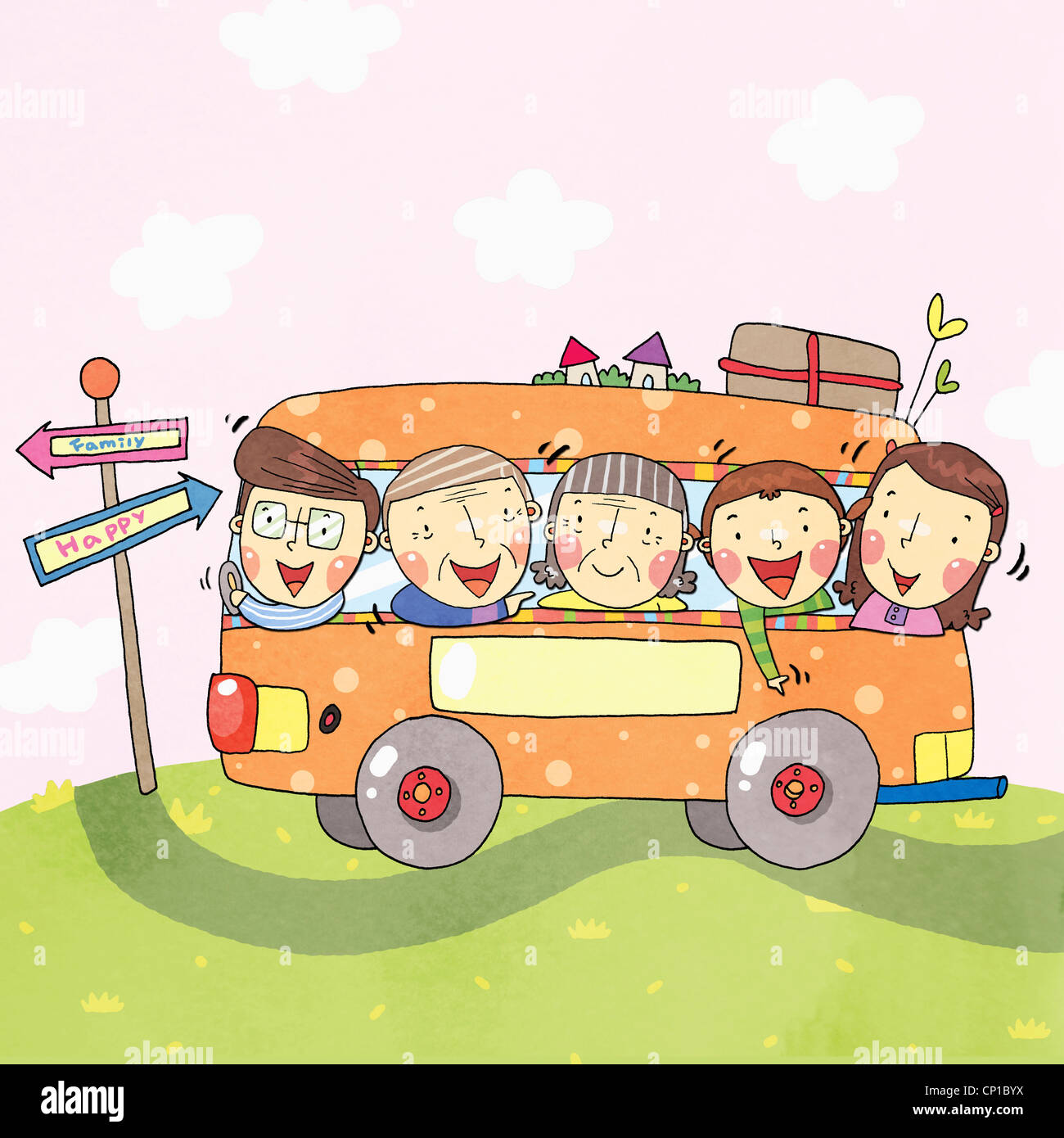 Happy family riding on the bus Stock Photo - Alamy