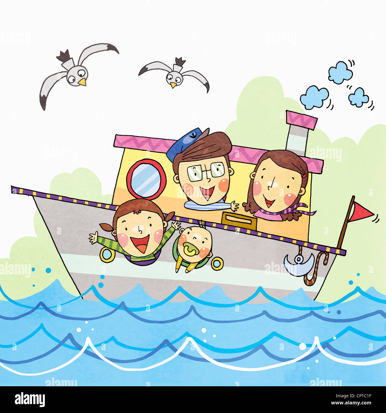 Happy family on the ship Stock Photo - Alamy