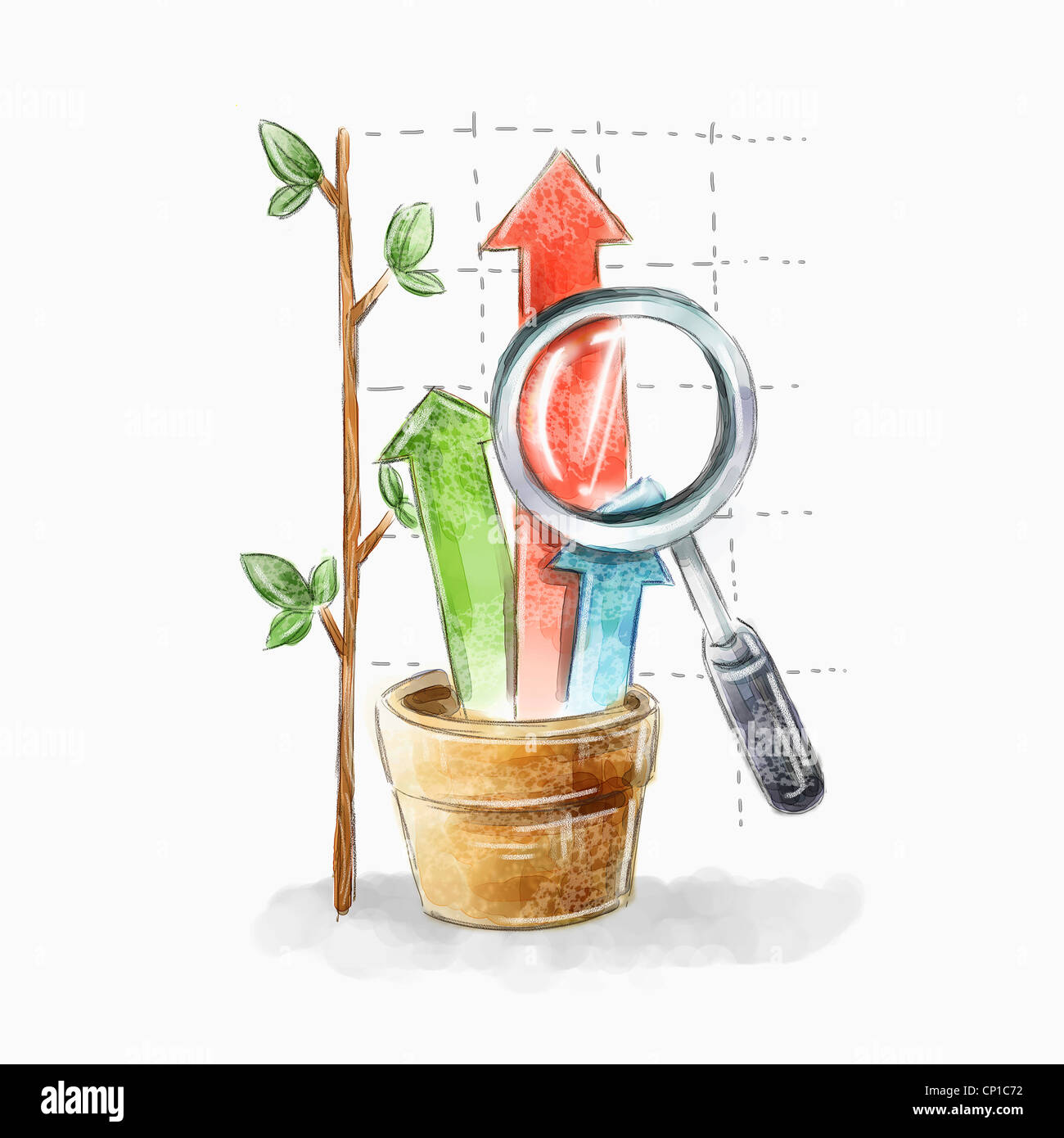 Rising arrow with magnifier Stock Photo - Alamy