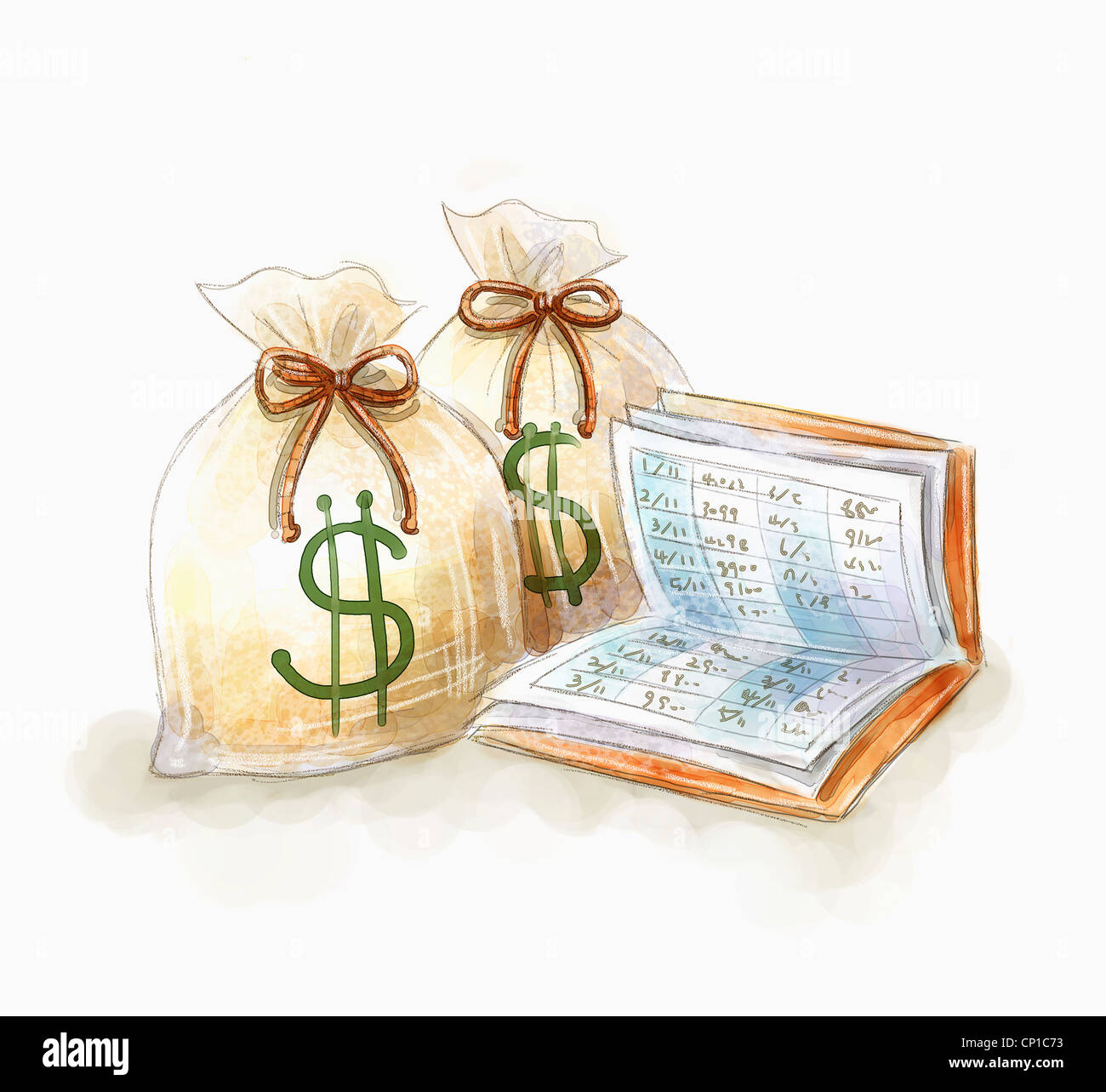 Cash book and bag of money Stock Photo - Alamy