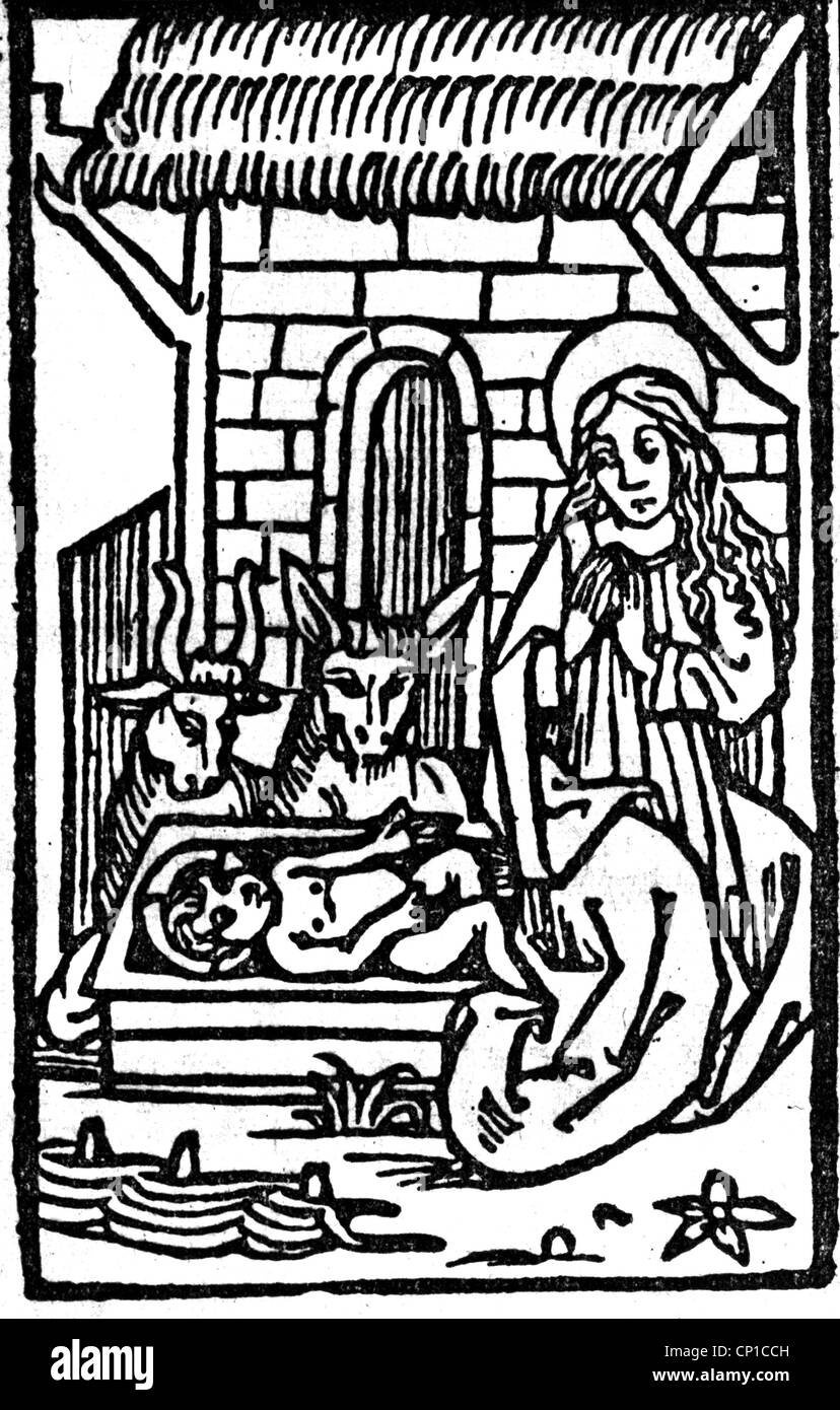 religion, Jesus Christ, birth, Christ Child in the cradle, woodcut ...