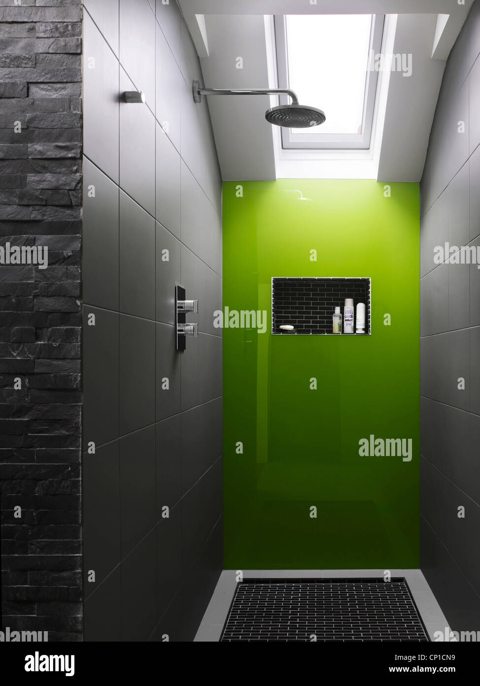 Shower in open-plan roof loft extension Stock Photo - Alamy