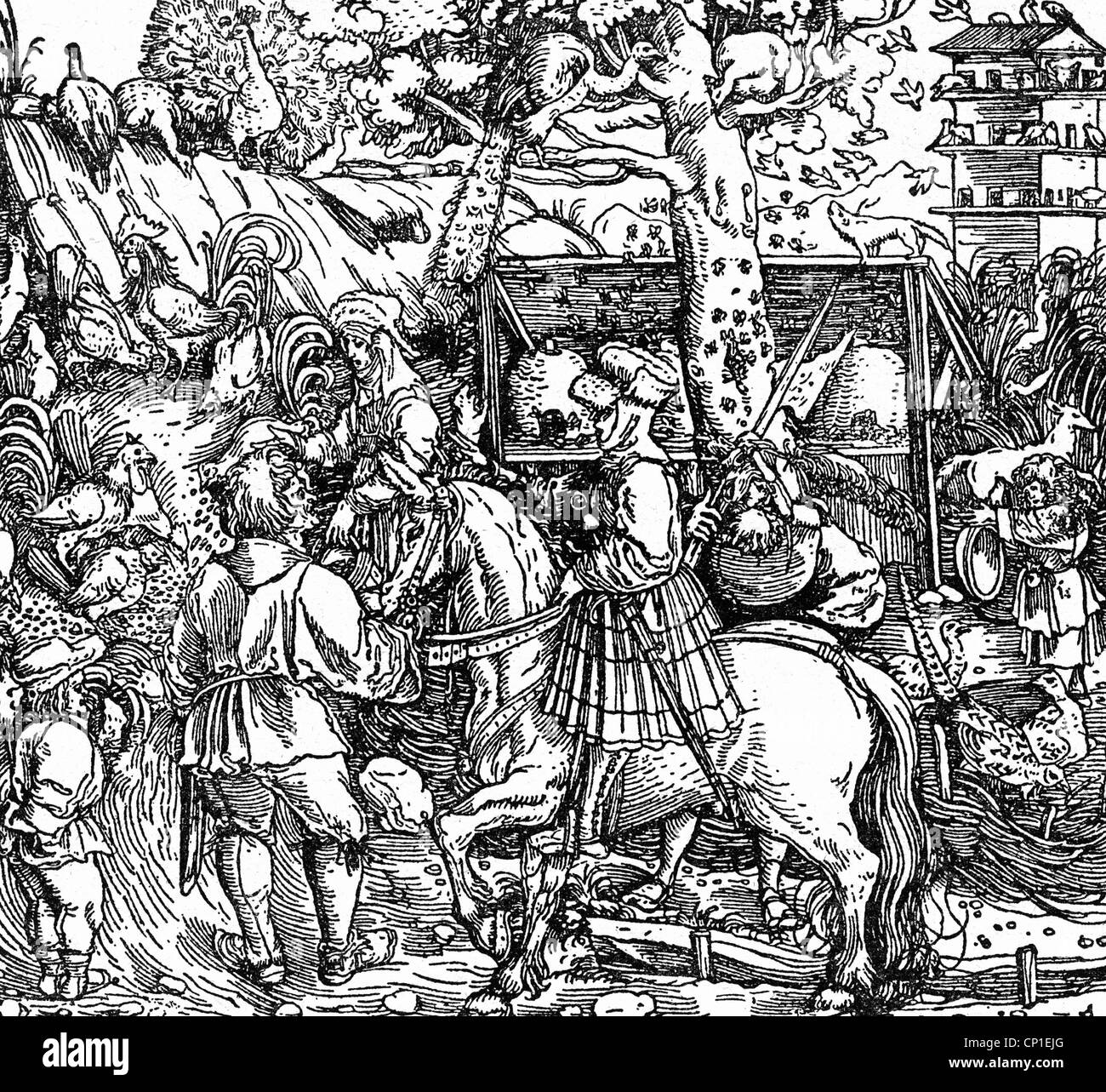 middle ages, knights, knight in village, woodcut, 15th century ...