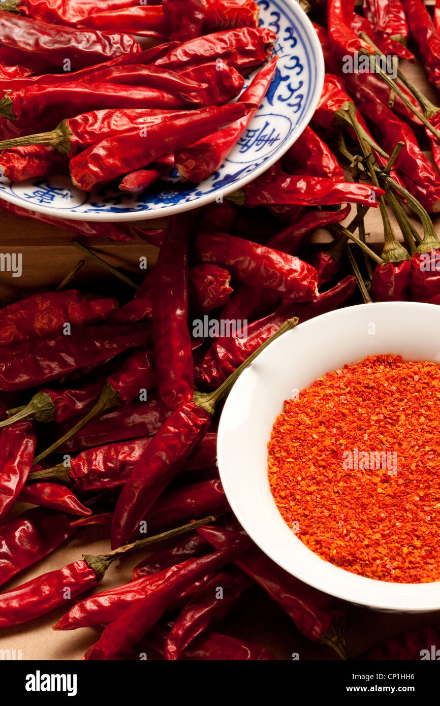 Dry Chili Pepper and red chilli powder Stock Photo - Alamy