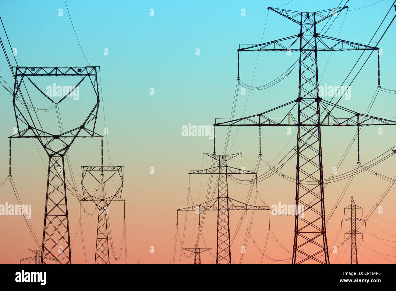 Power lines in the morning light Stock Photo - Alamy